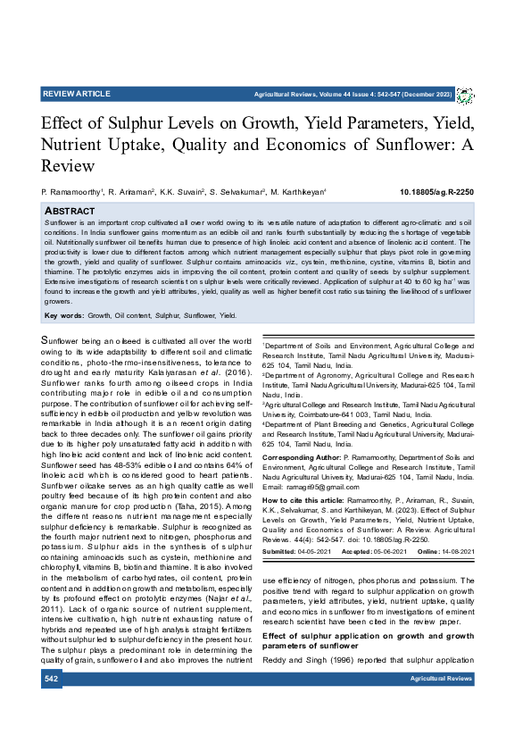 Pdf Effect Of Sulphur Levels On Growth Yield Parameters Yield