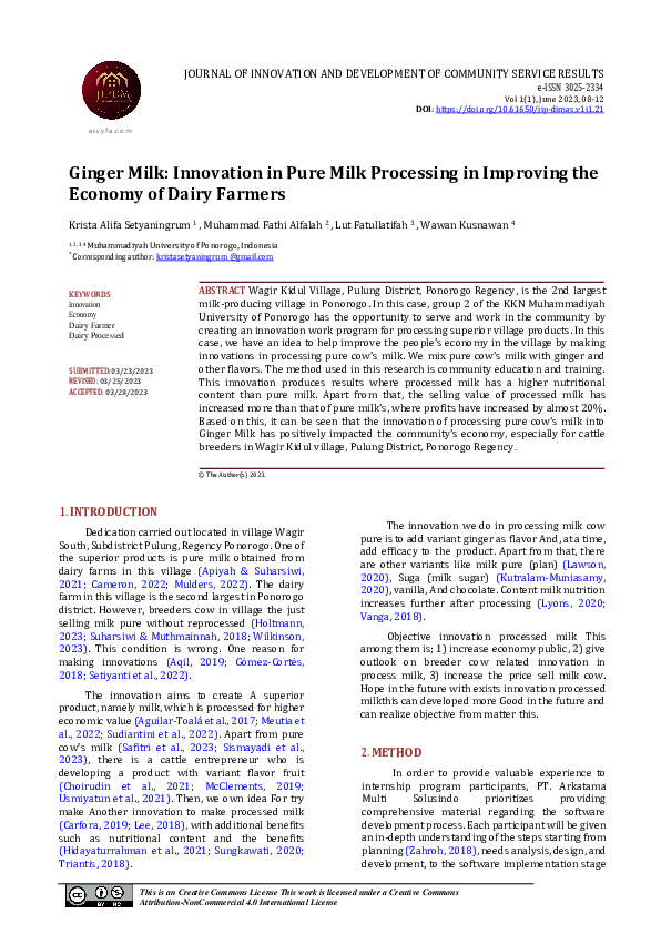 (PDF) Ginger Milk: Innovation in Pure Milk Processing in Improving the ...