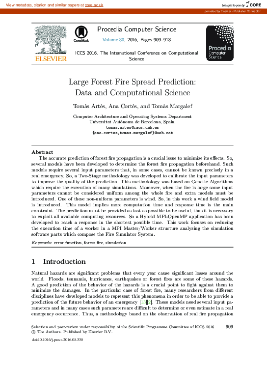 (PDF) Large Forest Fire Spread Prediction: Data and Computational Science