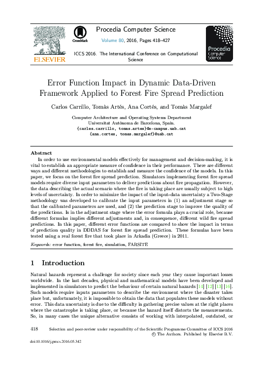 (PDF) Error Function Impact in Dynamic Data-driven Framework Applied to Forest Fire Spread ...