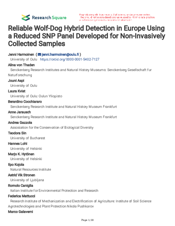 (PDF) Reliable Wolf-Dog Hybrid Detection in Europe Using a Reduced SNP ...