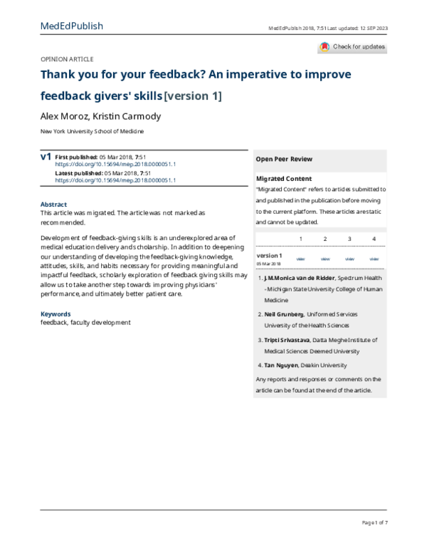 (PDF) Thank you for your feedback? An imperative to improve feedback givers' skills