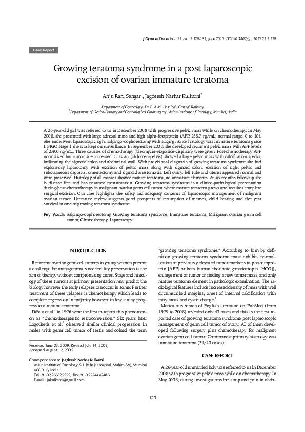 Pdf Growing Teratoma Syndrome In A Post Laparoscopic Excision Of