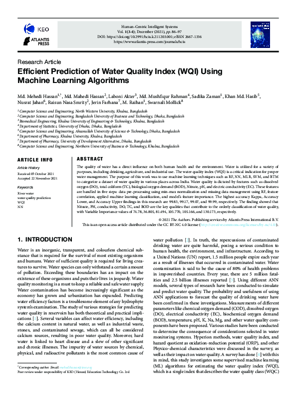 Pdf Efficient Prediction Of Water Quality Index Wqi Using Machine Learning Algorithms