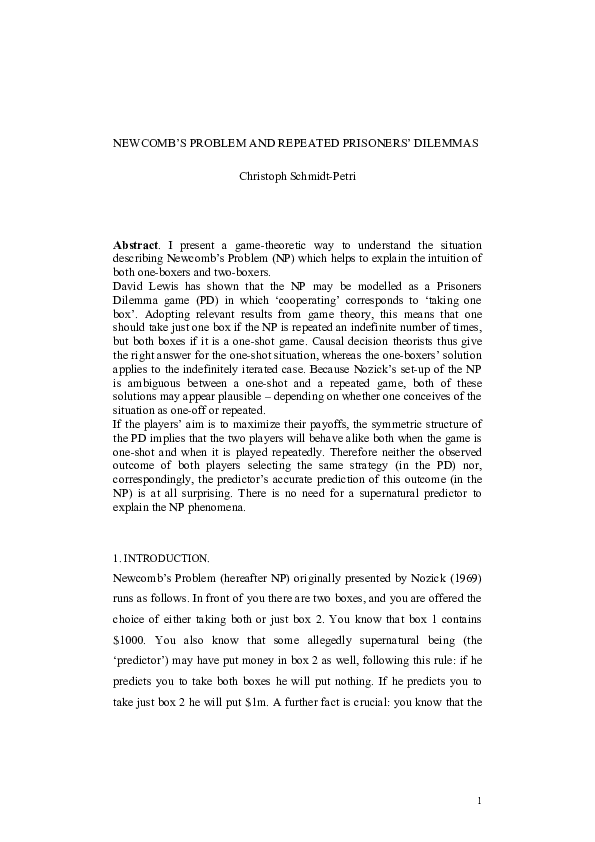 (PDF) Newcomb’s Problem and Repeated Prisoners’ Dilemmas