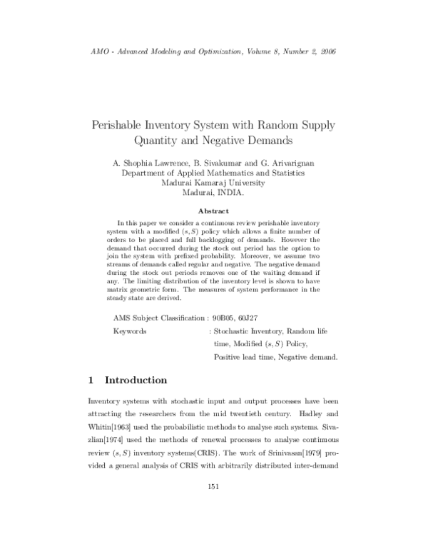 (PDF) Perishable Inventory System with Random Supply Quantity and ...