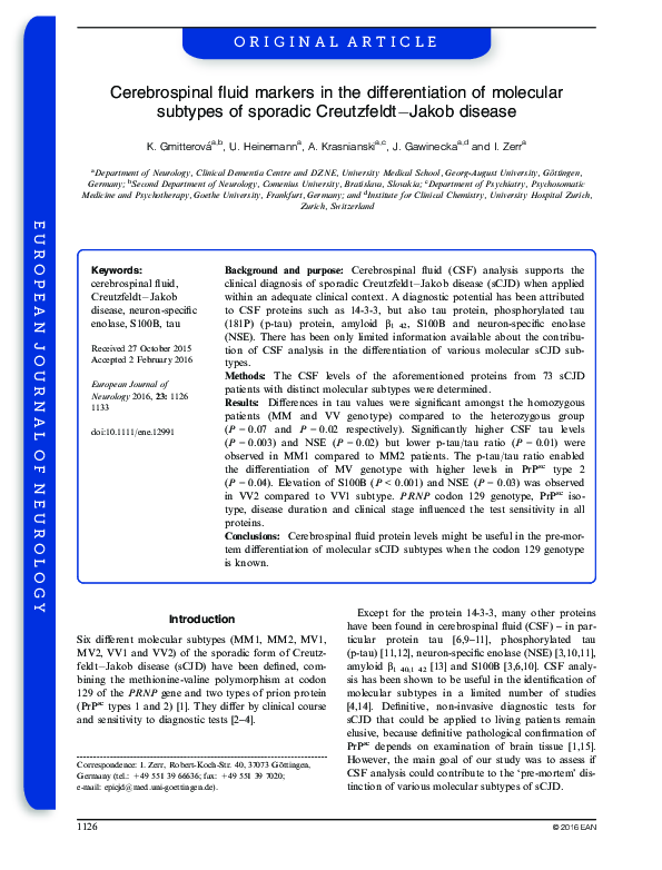 (PDF) Cerebrospinal fluid markers in the differentiation of molecular subtypes of sporadic ...