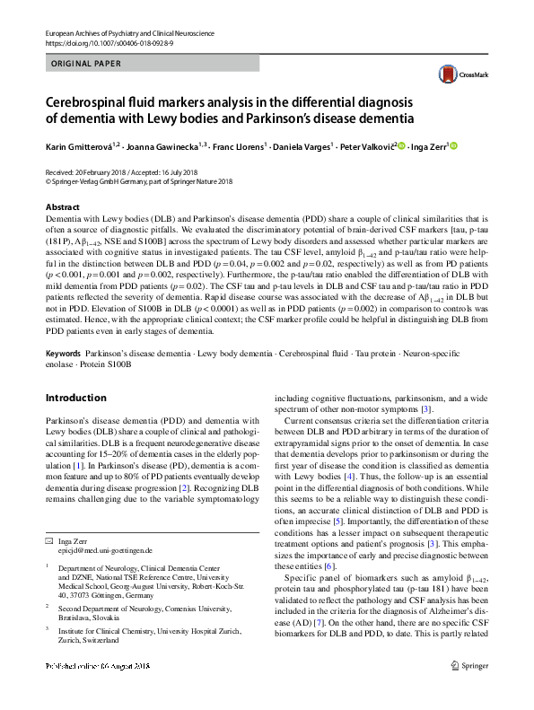 (PDF) Cerebrospinal fluid markers analysis in the differential diagnosis of dementia with Lewy ...