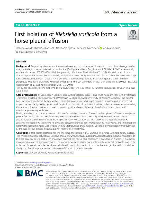(PDF) First isolation of Klebsiella variicola from a horse pleural effusion