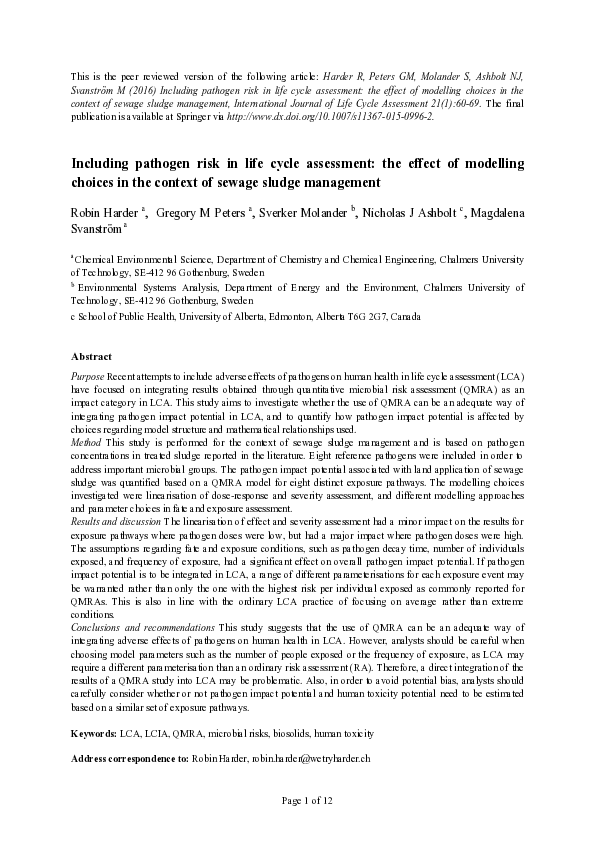 (PDF) Including pathogen risk in life cycle assessment: the effect of modelling choices in the ...