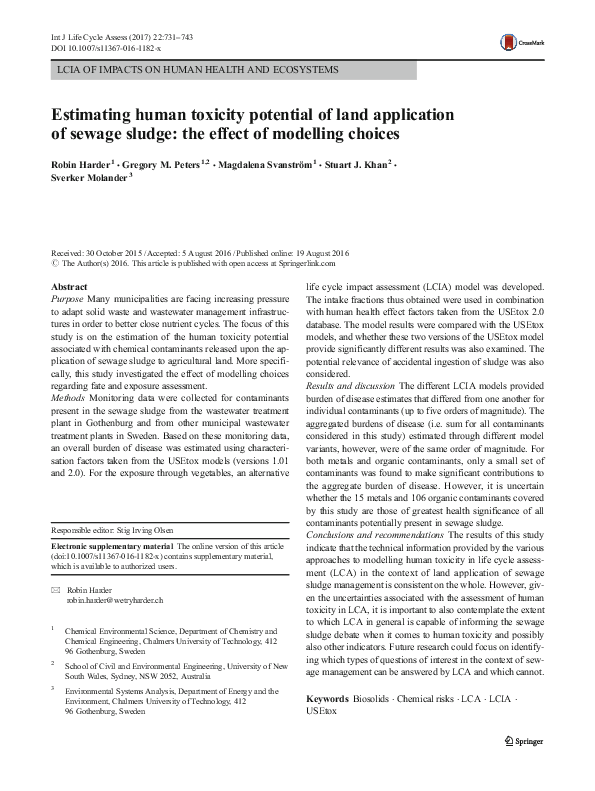 (PDF) Estimating human toxicity potential of land application of sewage sludge: the effect of ...