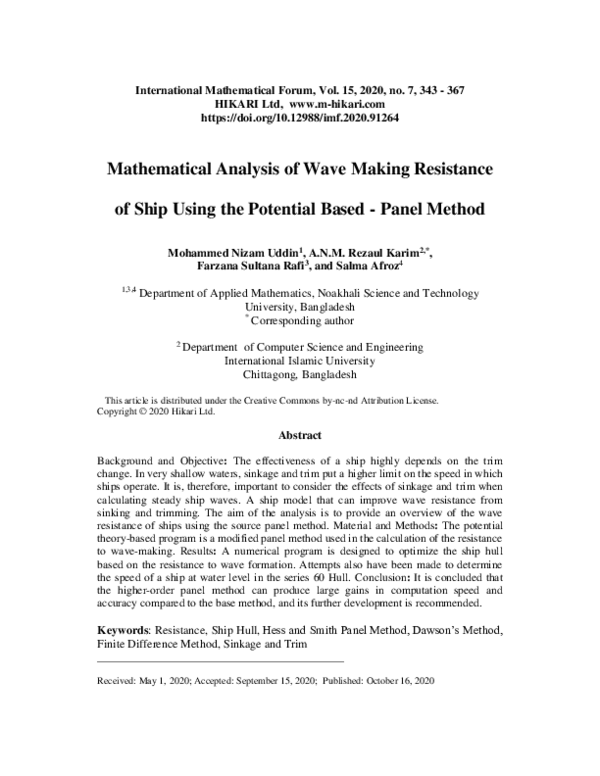 (PDF) Mathematical analysis of wave making resistance of ship using the potential based - panel ...