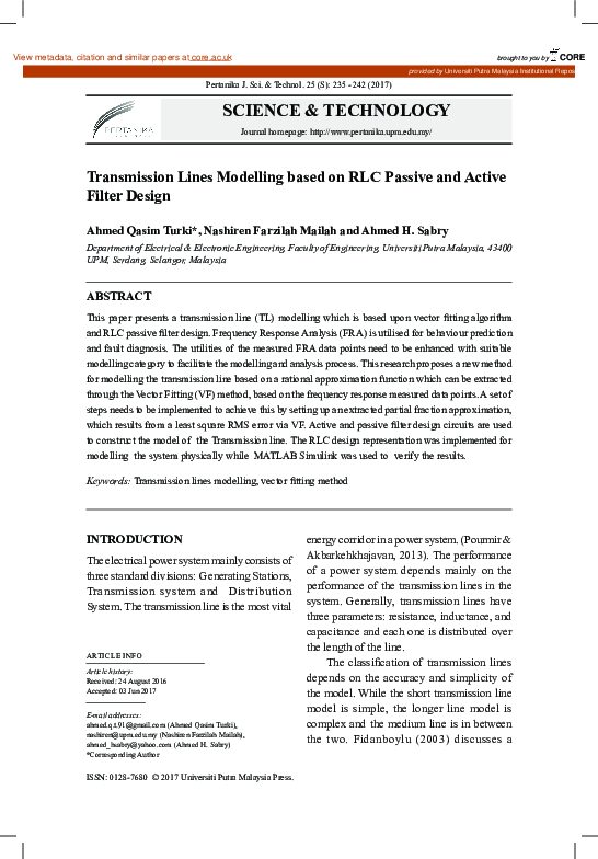 (PDF) Transmission lines modelling based on RLC passive and active filter design