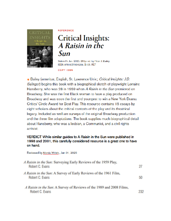 (PDF) Critical Insights: A Raisin in the Sun [review]