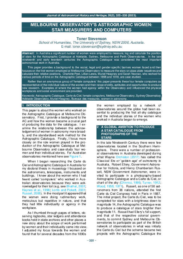 (PDF) Melbourne Observatory’s Astrographic Women: Star Measurers and ...