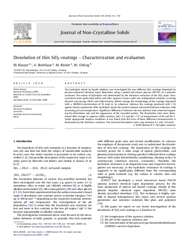 (PDF) Dissolution of thin SiO2-coatings – Characterization and evaluation