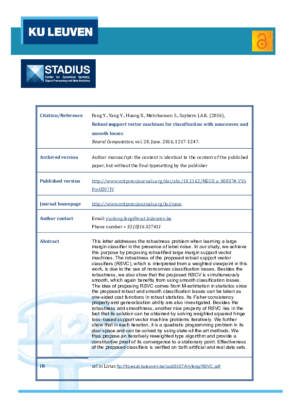 (PDF) Robust Support Vector Machines for Classification with Nonconvex and Smooth Losses