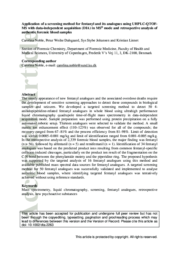 (PDF) Application of a screening method for fentanyl and its analogues using UHPLC‐QTOF‐MS with ...