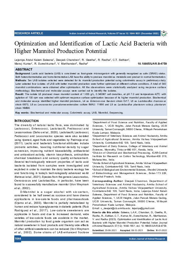 (PDF) Optimization and Identification of Lactic Acid Bacteria with Higher Mannitol Production ...