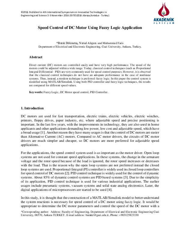 Pdf Speed Control Of Dc Motor Using Fuzzy Logic Application