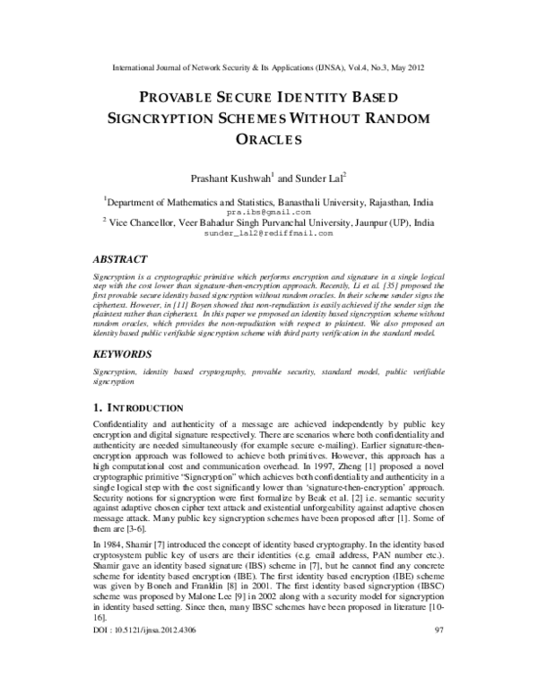 (PDF) Provable Secure Identity Based Signcryption Schemes without Random Oracles | Sunder Lal ...