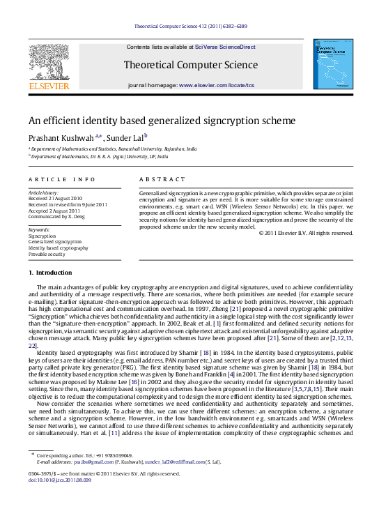 (PDF) An efficient identity based generalized signcryption scheme