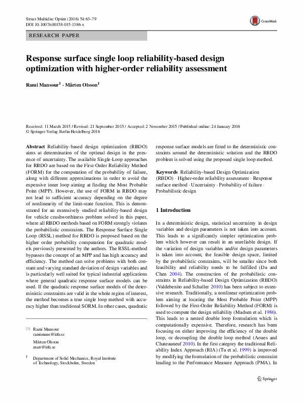 Pdf Response Surface Single Loop Reliability Based Design Optimization With Higher Order 