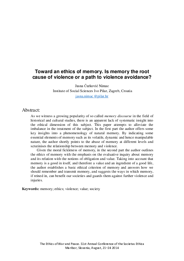 (PDF) Toward an ethics of memory. Is memory the root cause of violence ...