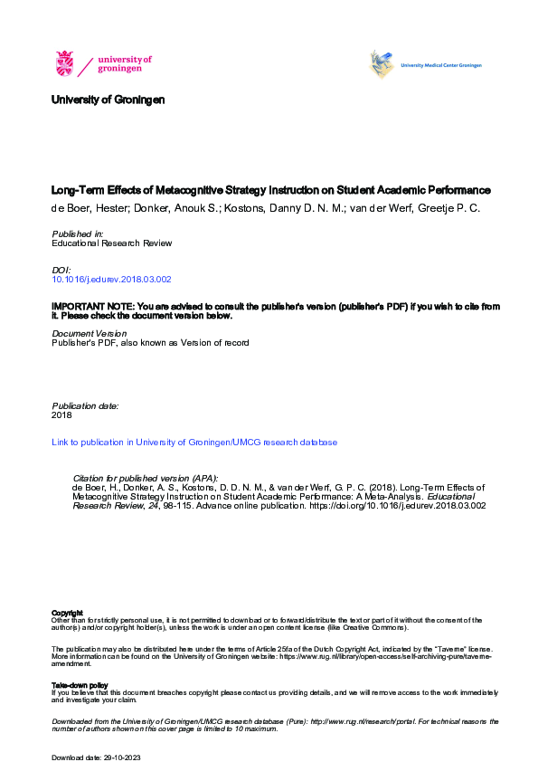 Pdf Long Term Effects Of Metacognitive Strategy Instruction On