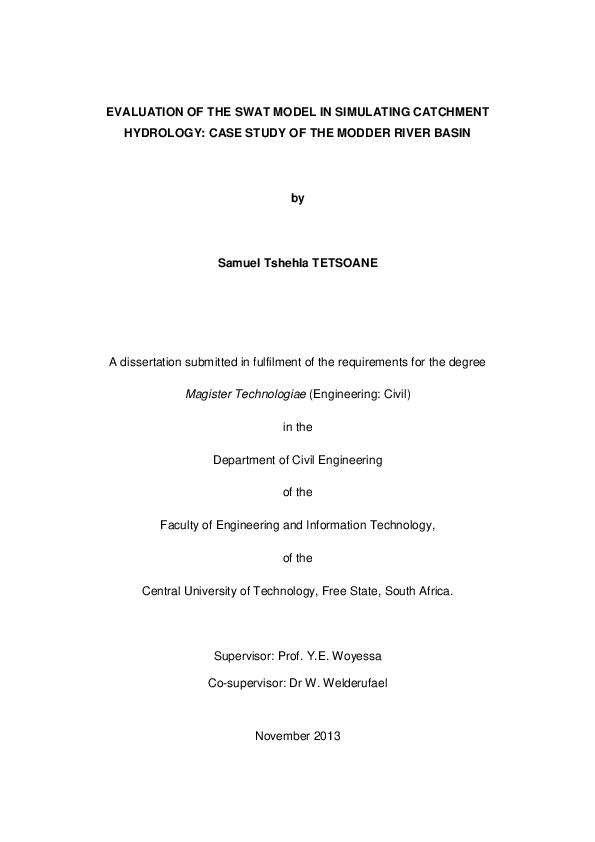 (PDF) Evaluation of the swat model in simulating catchment hydrology : case study of the Modder ...