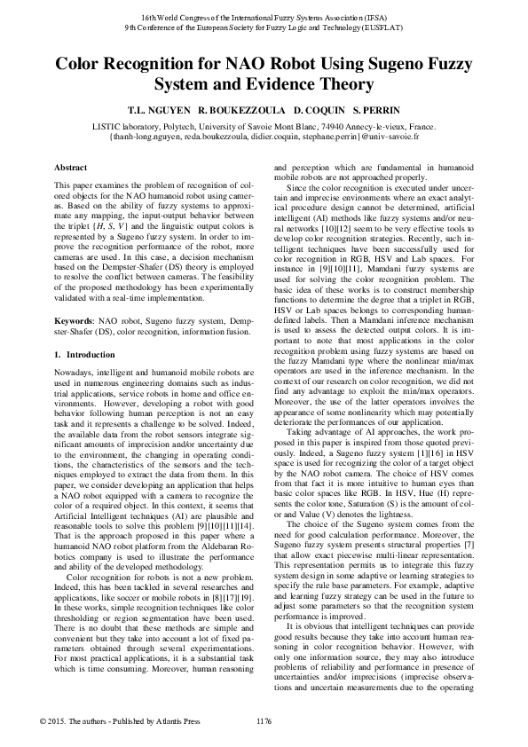 (PDF) Color Recognition for NAO Robot Using Sugeno Fuzzy System and Evidence
