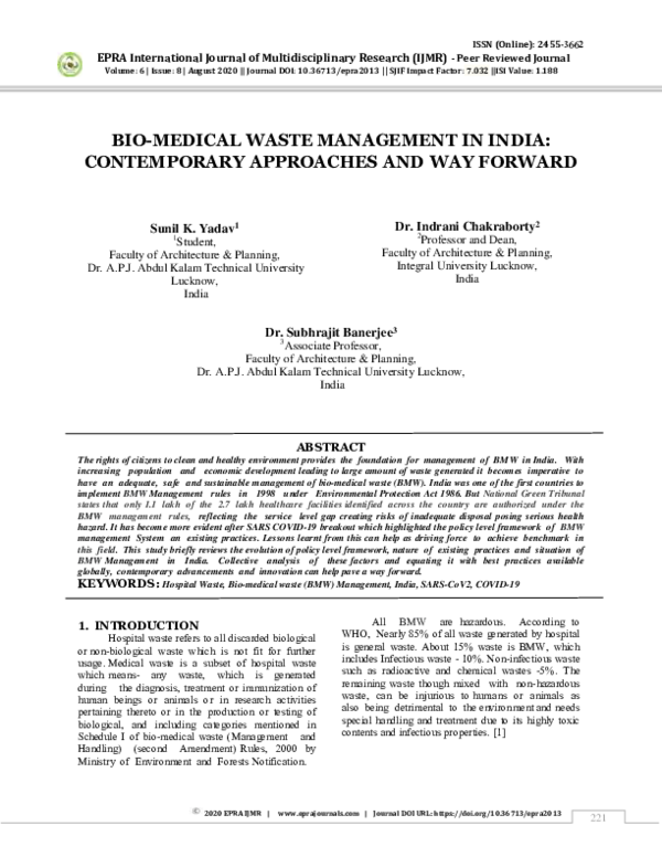 (PDF) Bio-Medical Waste Management in India: Contemporary approaches ...