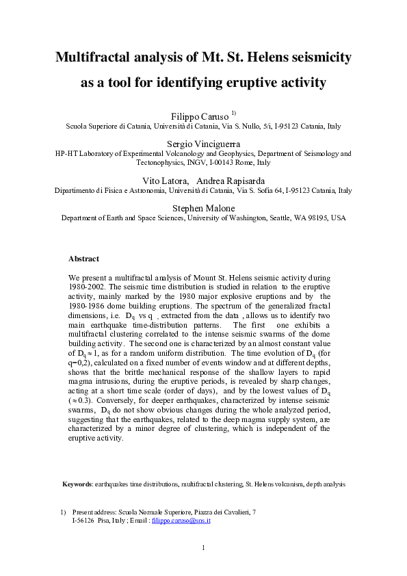 (PDF) Multifractal analysis of Mt. St. Helens seismicity as a tool for identifying eruptive activity