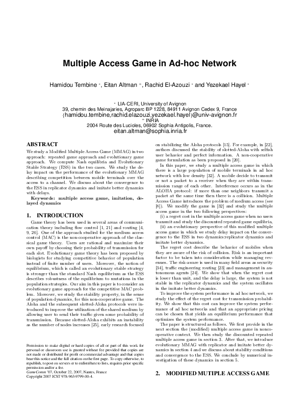 (PDF) Multiple Access Game in Ad-hoc Network