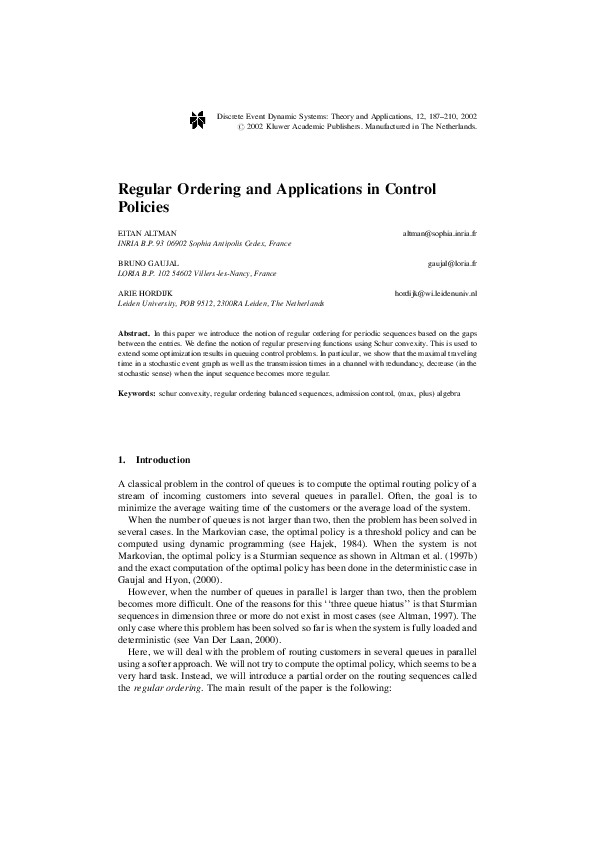 (PDF) Regular ordering and applications in control policies