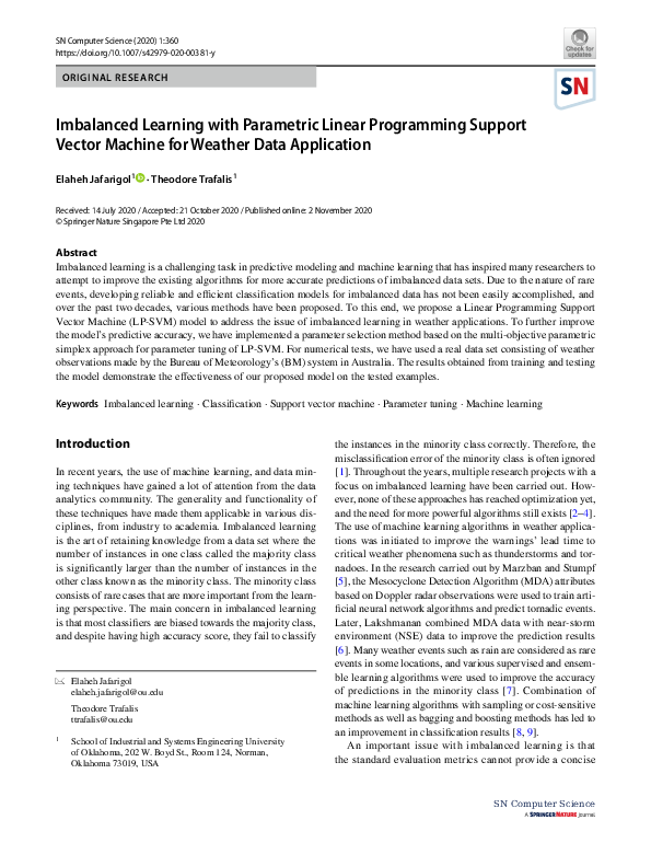 Pdf Imbalanced Learning With Parametric Linear Programming Support Vector Machine For Weather 3506