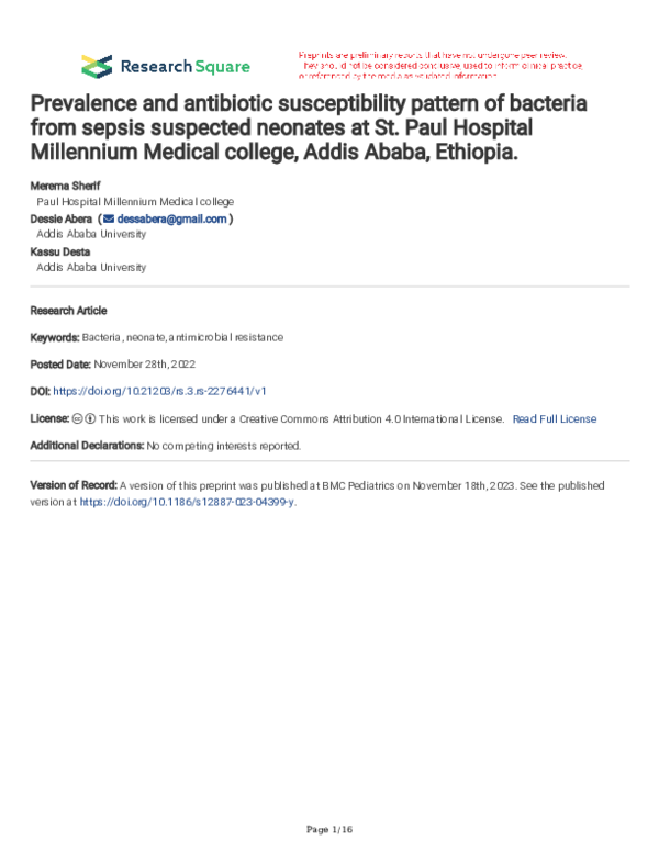 (PDF) Prevalence and antibiotic susceptibility pattern of bacteria from sepsis suspected ...