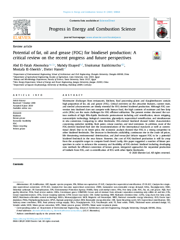 (PDF) Potential of fat, oil and grease (FOG) for biodiesel production: A critical review on the ...
