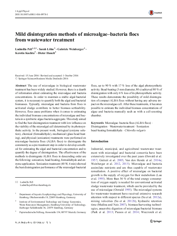 (PDF) Mild disintegration methods of microalgae–bacteria flocs from wastewater treatment