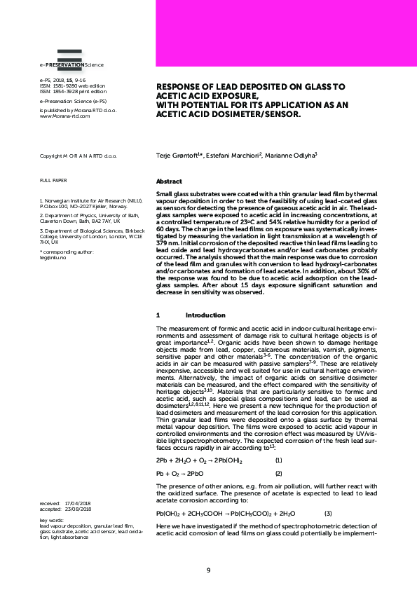 (PDF) Response of lead deposited on glass to acetic acid exposure, with ...