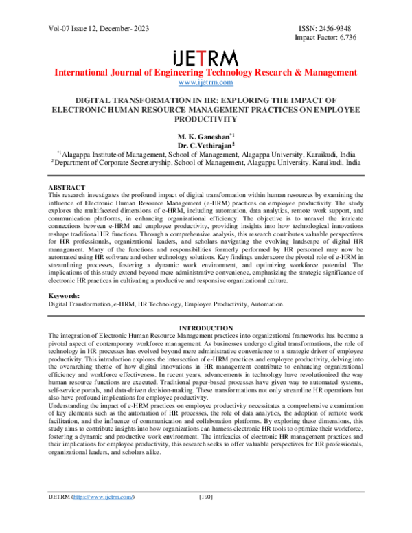 (PDF) DIGITAL TRANSFORMATION IN HR: EXPLORING THE IMPACT OF ELECTRONIC ...