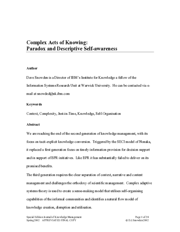 (PDF) Complex Acts of Knowing: Paradox and Descriptive Self-Awareness
