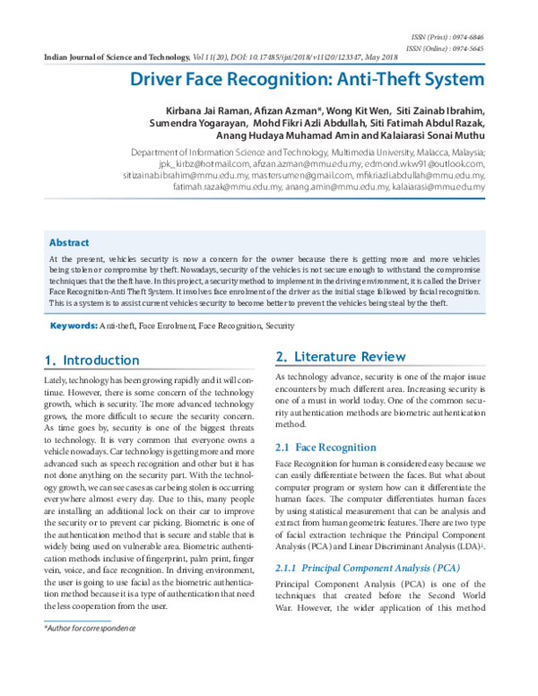 (PDF) Driver Face Recognition: Anti-Theft System | Siti Fatimah Abdul Razak - Academia.edu