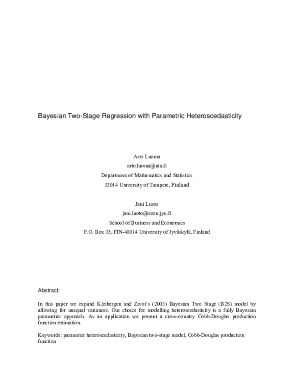 Pdf Bayesian Two Stage Regression With Parametric Heteroscedasticity