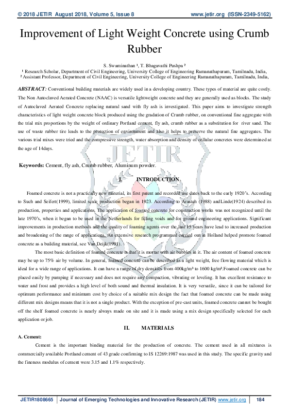 (PDF) Improvement of Light Weight Concrete using Crumb Rubber
