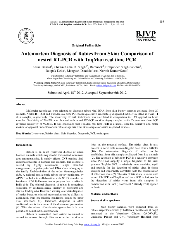 (PDF) Antemortem diagnosis of rabies from skin: comparison of nested RT ...
