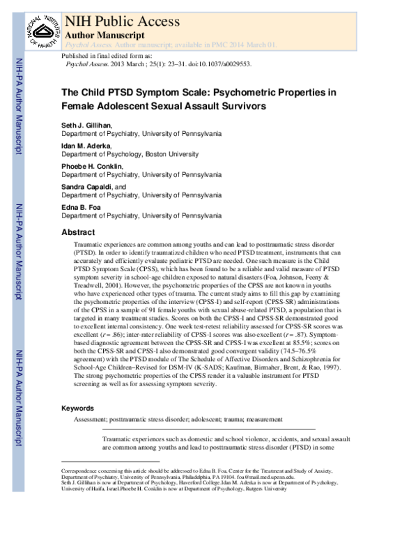(PDF) The Child PTSD Symptom Scale: Psychometric properties in female ...