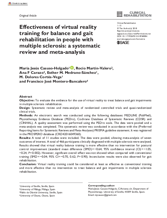 (PDF) Effectiveness of virtual reality training for balance and gait ...