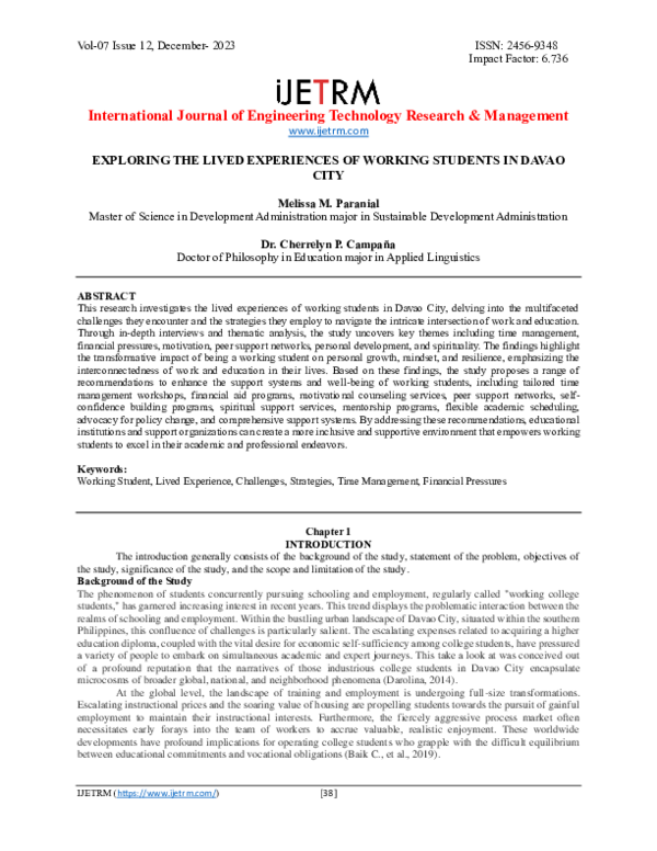 (PDF) EXPLORING THE LIVED EXPERIENCES OF WORKING STUDENTS IN DAVAO CITY