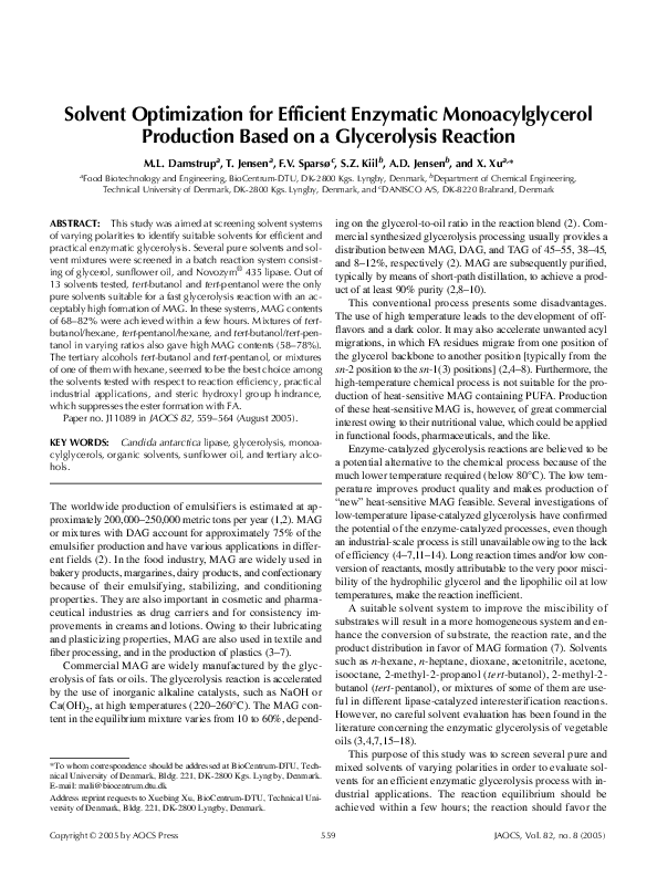 Pdf Solvent Optimization For Efficient Enzymatic Monoacylglycerol Production Based On A